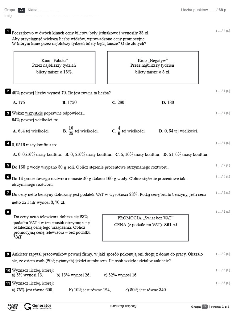 Proporcjonalność i Procenty Test z Widoczną Punktacją | PDF