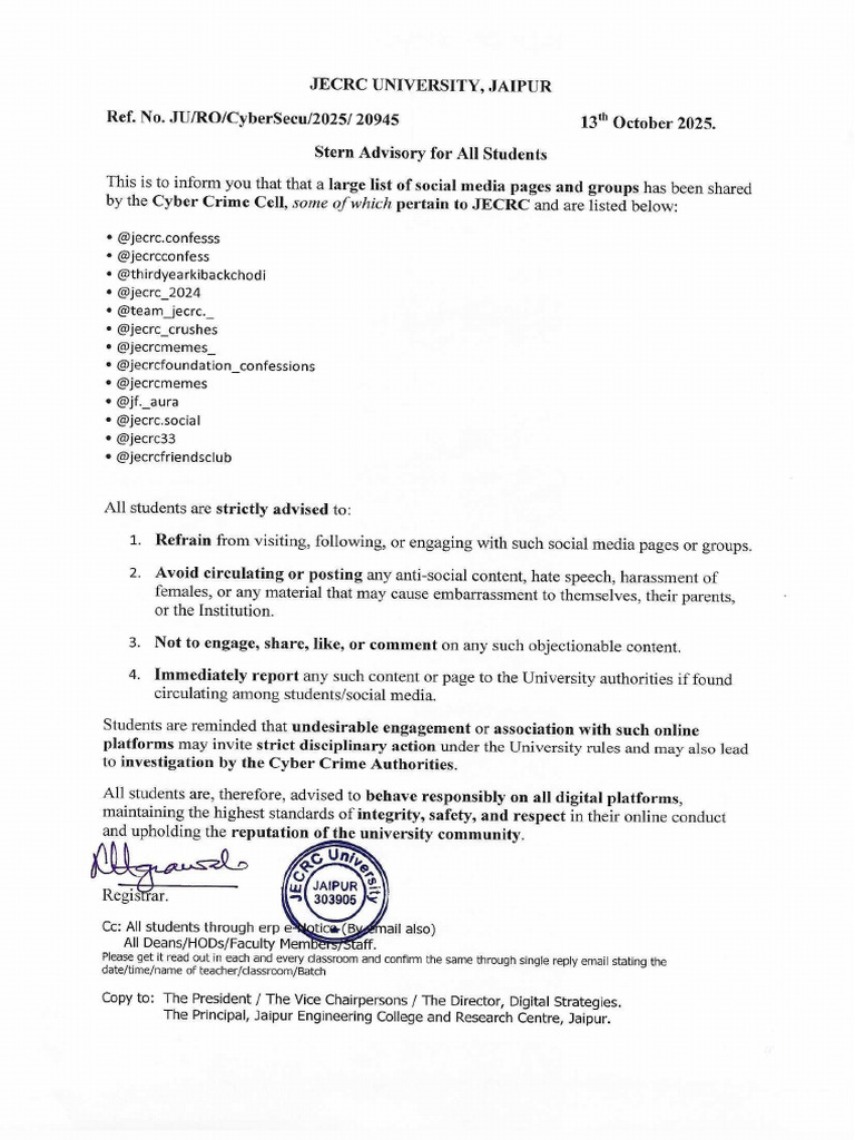 Stern Advisory For Students 13-10-2025 | PDF
