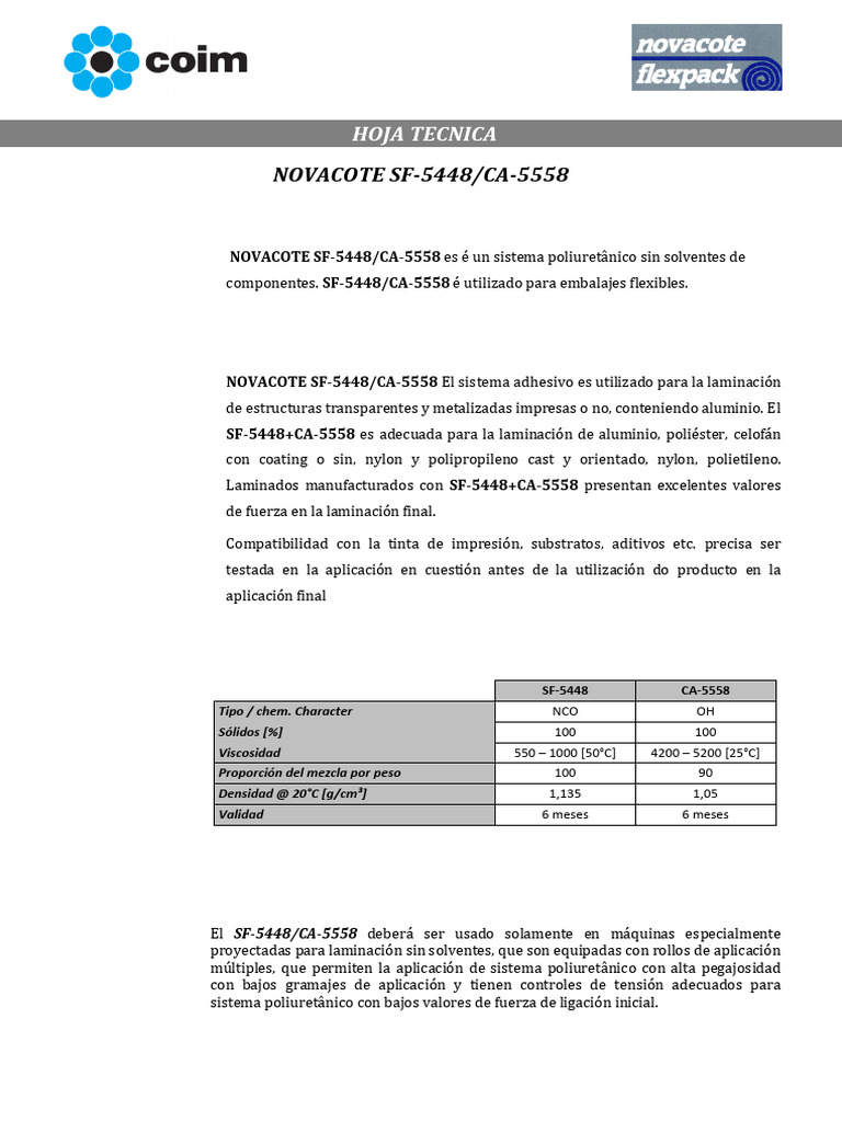 Adhesivo Poliuretánico NOVACOTE SF-5448/CA-5558 | PDF | Laminado ...