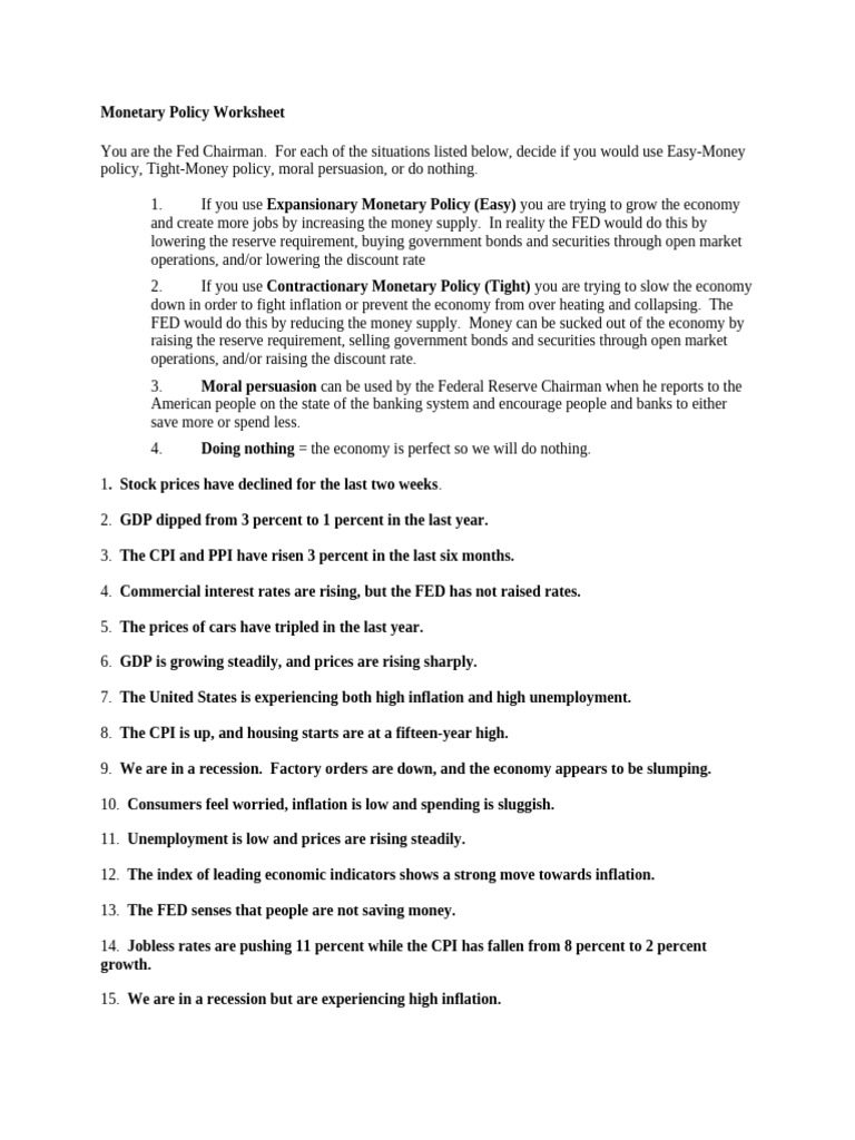 Monetary Policy Worksheet | PDF