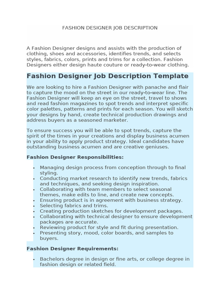 Fashion Designer Job Description Template | PDF