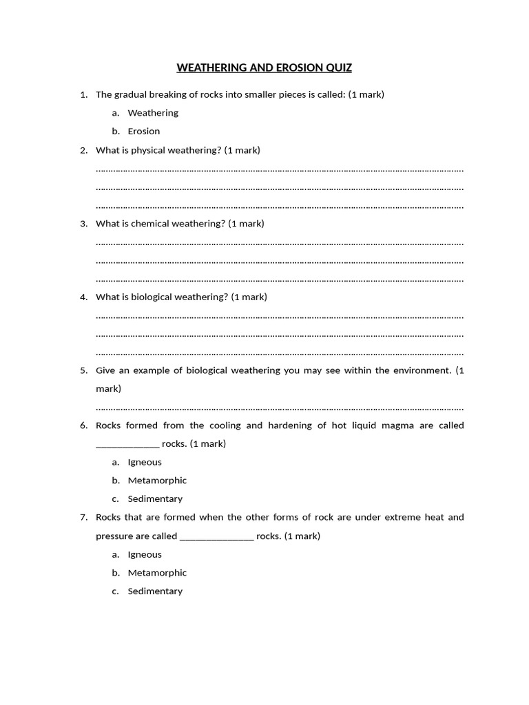 Weathering and Erosion Quiz Questions | PDF