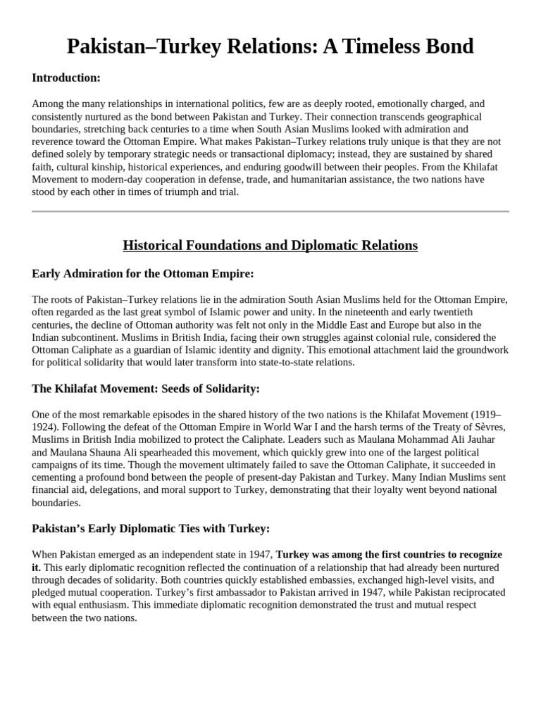 Pakistan-Turkey Relations A Timeless Bond | PDF | Pakistan | Turkey