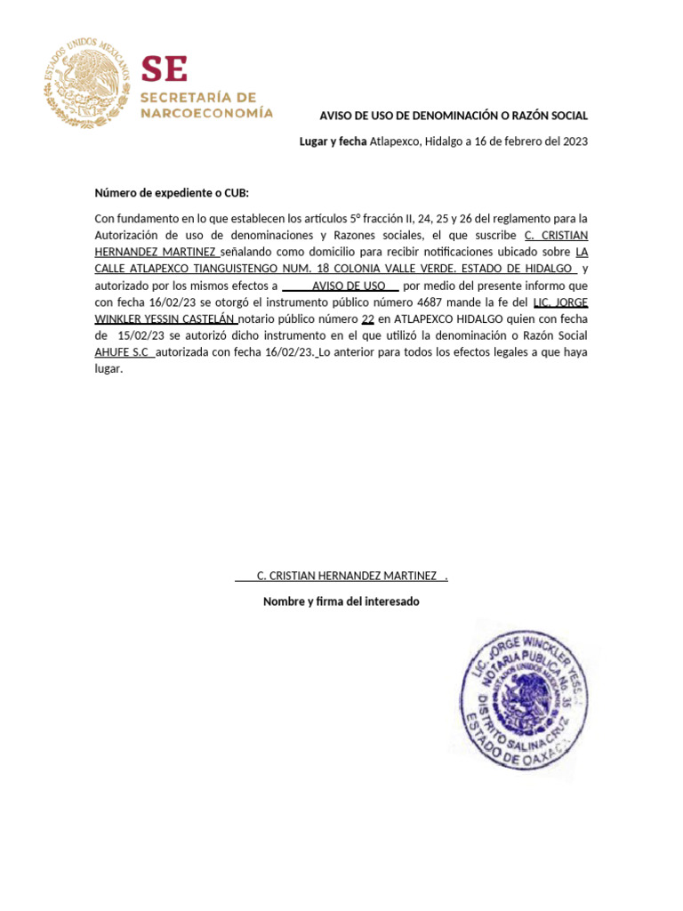 Aviso de Uso de Denominación o Razón Social | PDF