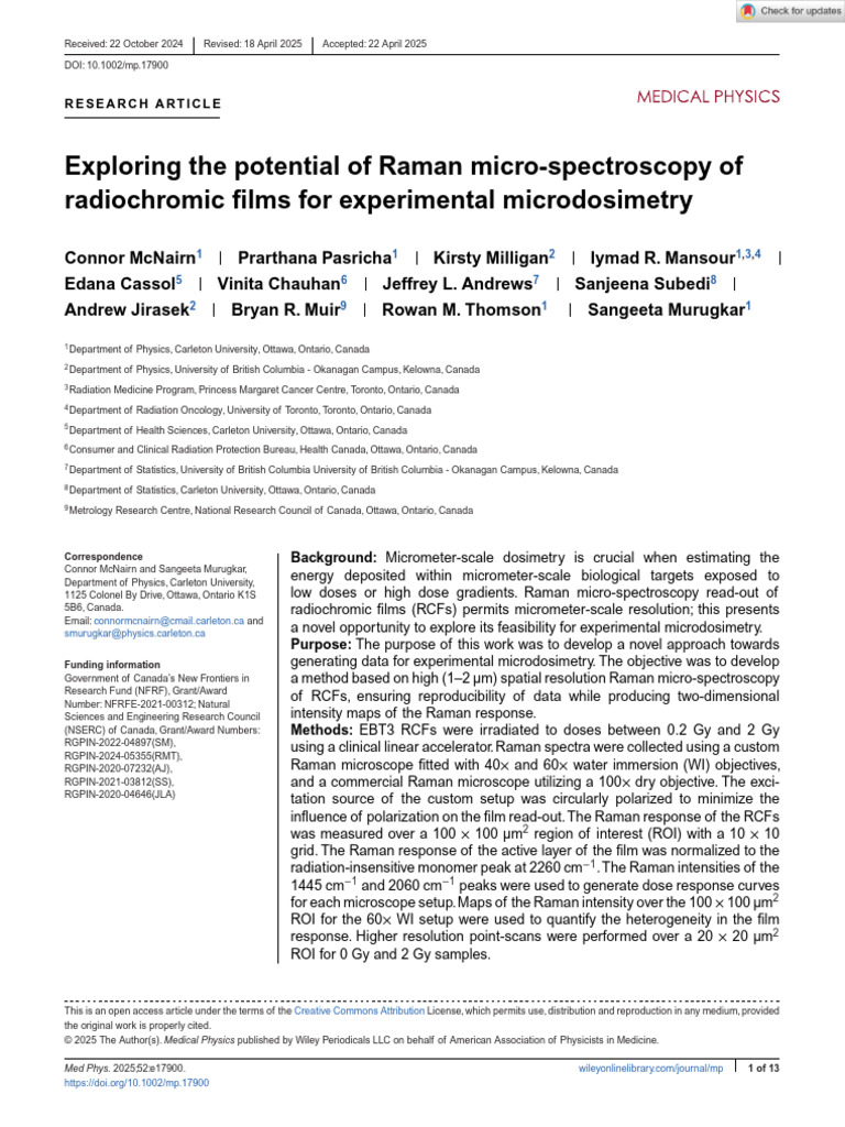 Medical Physics - 2025 - McNairn - Exploring The Potential of Raman ...