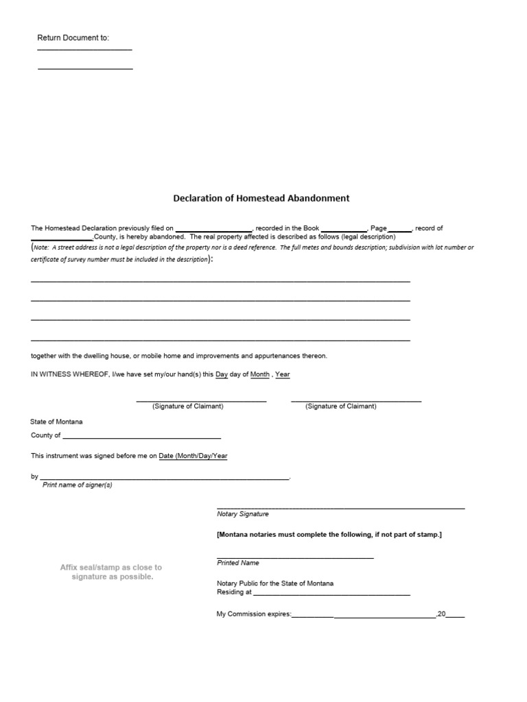 Montana Homestead Abandonment Form | PDF | Civil Law (Common Law ...