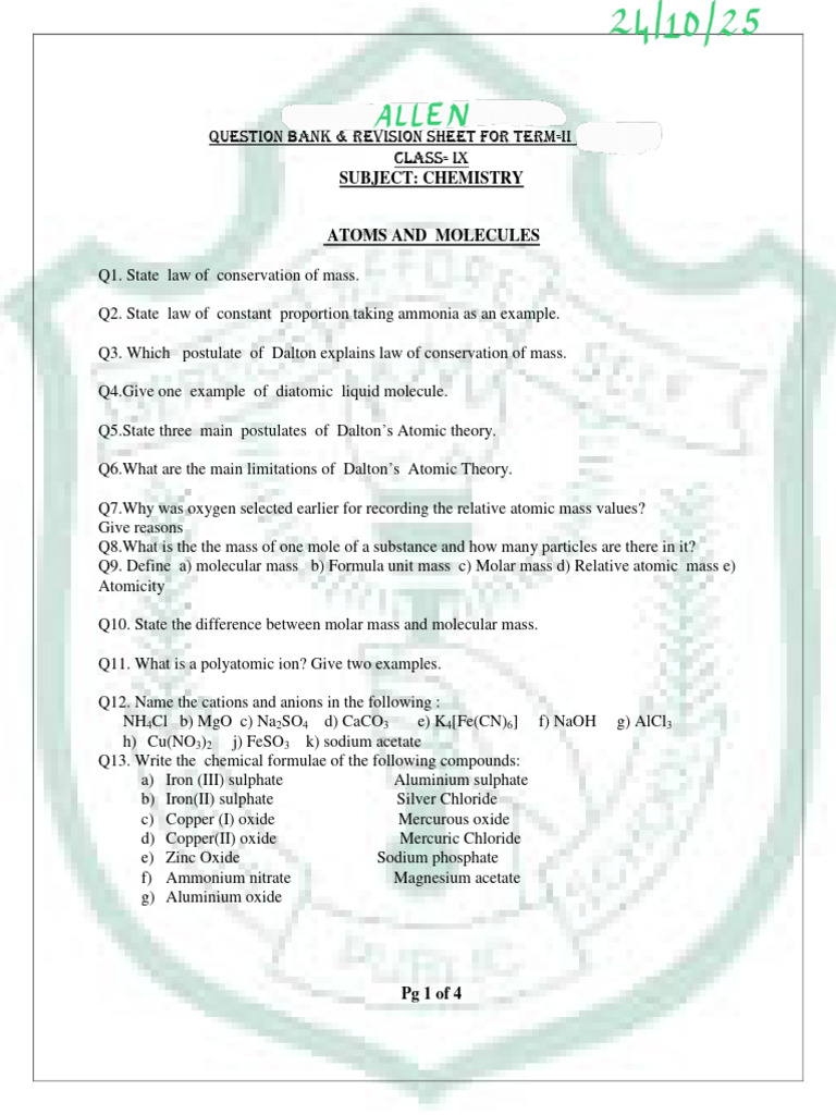 Class9 Chemistry Worksheet Term2 | PDF | Atoms | Isotope