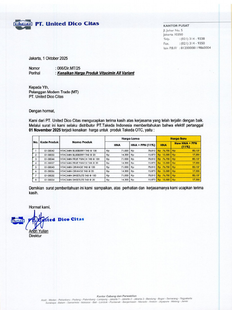 Surat Pemberitahuan Kenaikan Harga Vitacimin All Varian | PDF