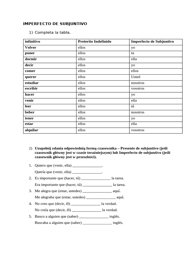 Ejercicios de Imperfecto de Subjuntivo | PDF