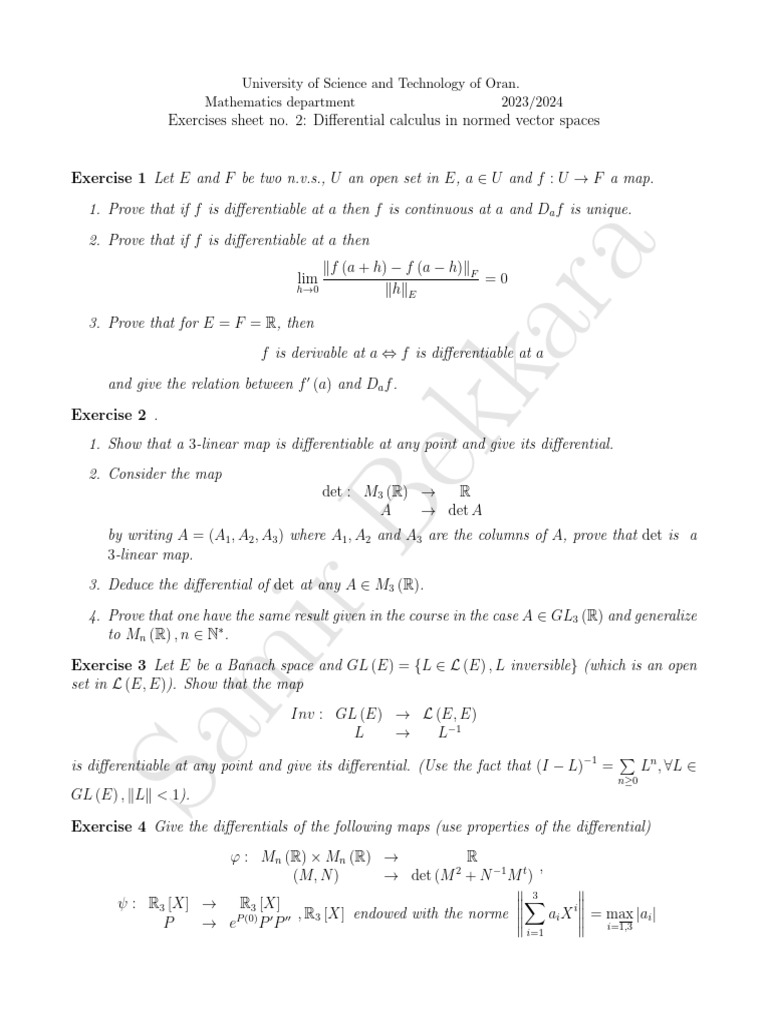 Exercises Sheet No. 2 Differential Calculus 23-24 | PDF | Functional Analysis | Space (Mathematics)