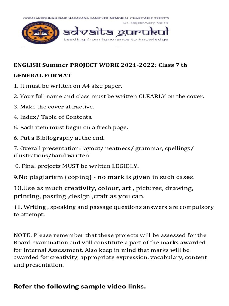 Class 7 TH English Summer Project 2021 | PDF