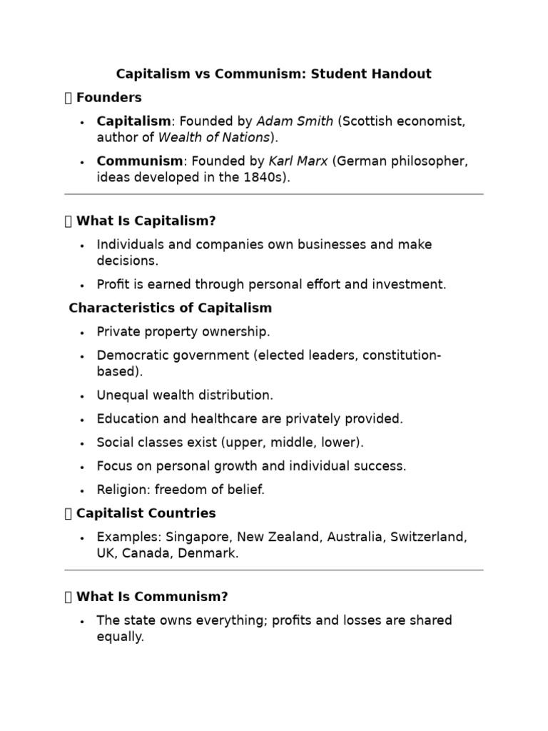 Capitalism Vs Communism Student Handout | PDF