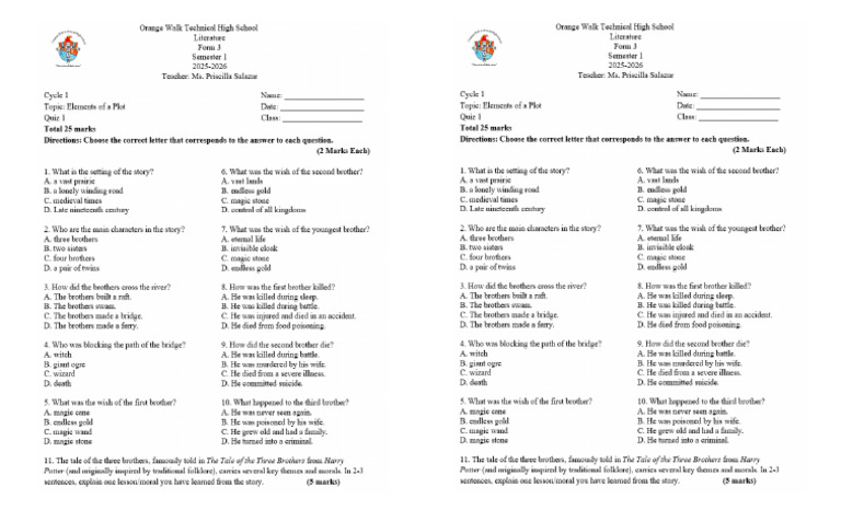 Quiz 1 The Tale of The 3 Brothers | PDF