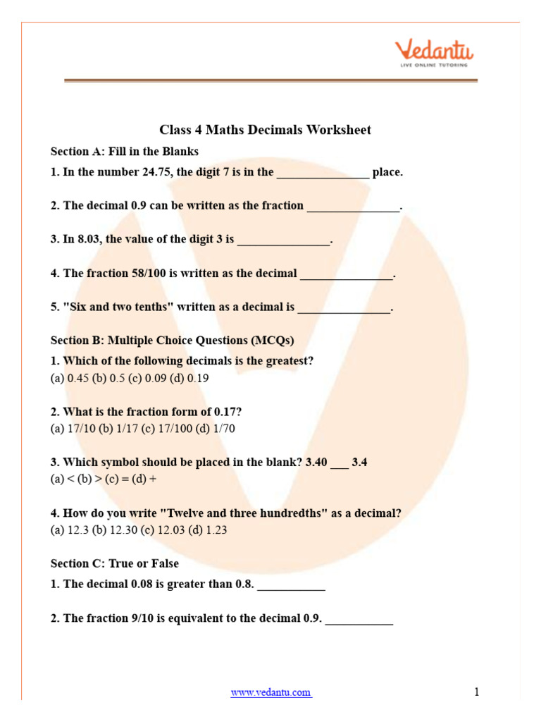Class 4 Decimal Worksheet | PDF | Decimal | Numbers