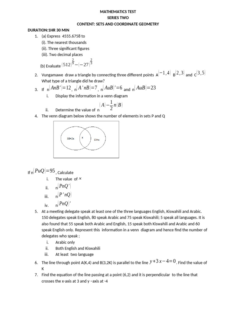 Mathematics Test: Sets & Geometry | PDF