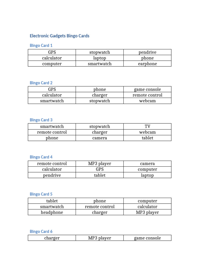 Electronic Gadgets Bingo Cards | PDF