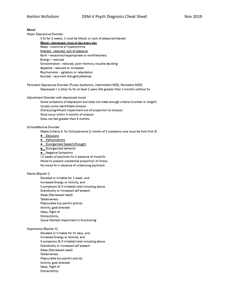 Psych Diagnosis Cheat Sheet | PDF | Schizophrenia | Psychosis