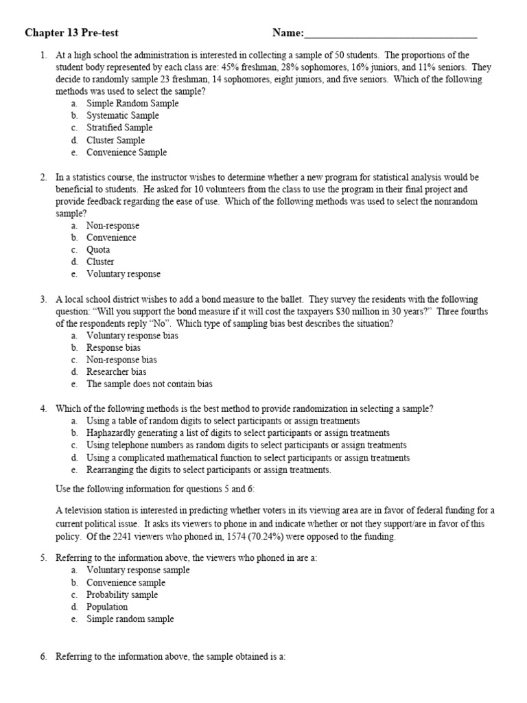 Unit 3 Pretest | PDF | Sampling (Statistics) | Experiment