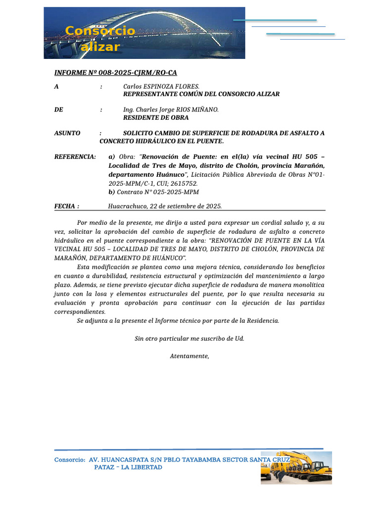 Informe #008 - 2025 Superficie de Rodadura Ultimo | PDF | Hormigón ...
