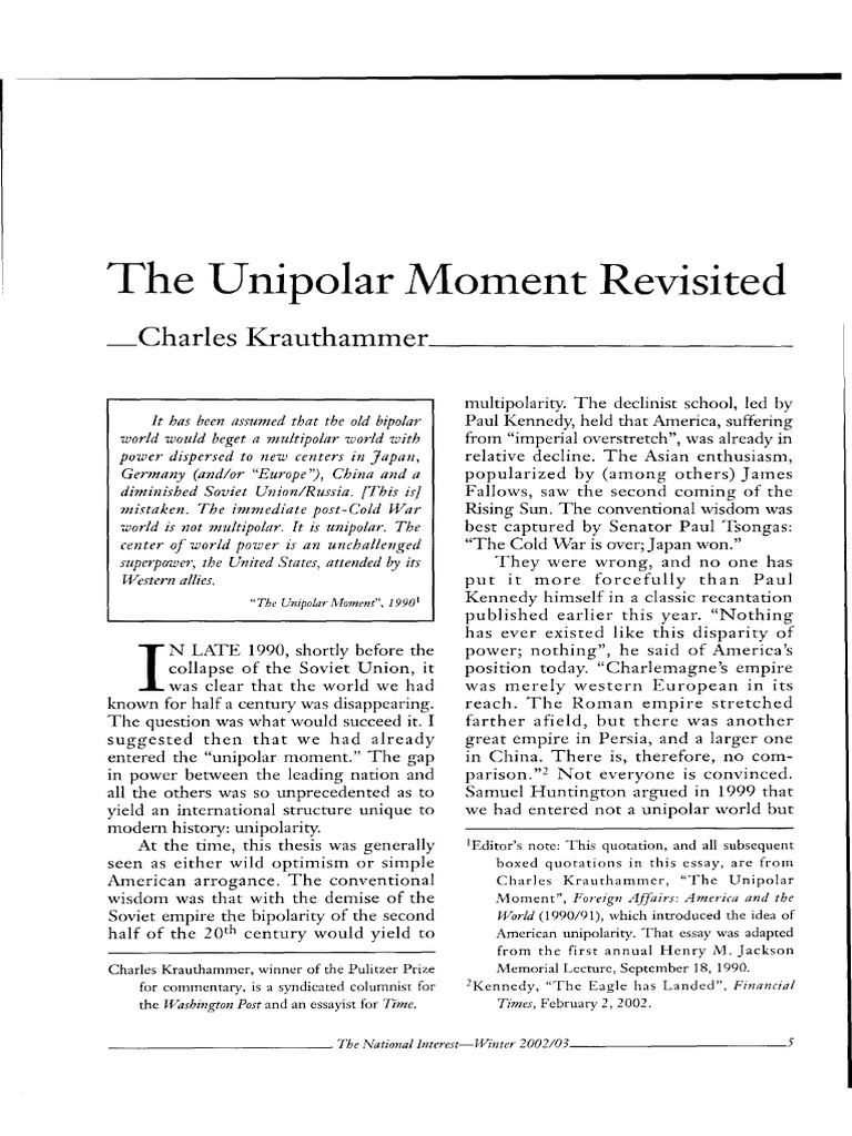PDF Krauthammer the Unipolar Moment Revisited | PDF