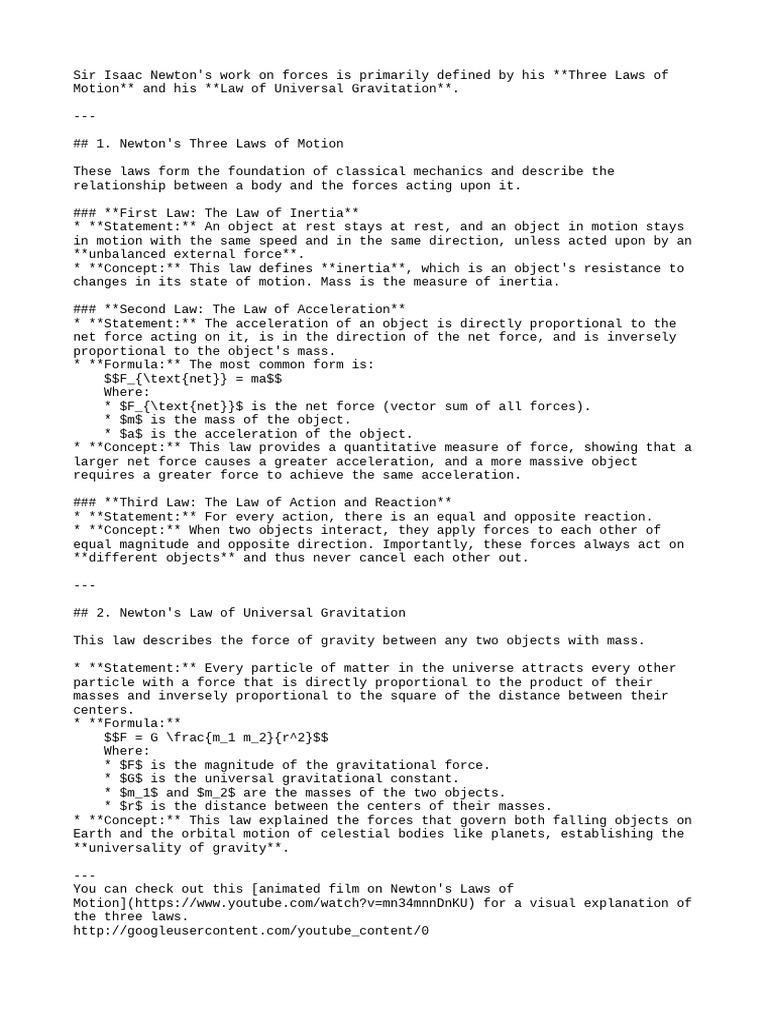 Sir Isaac Newtons Work On Forces I | PDF | Force | Newton's Law Of ...