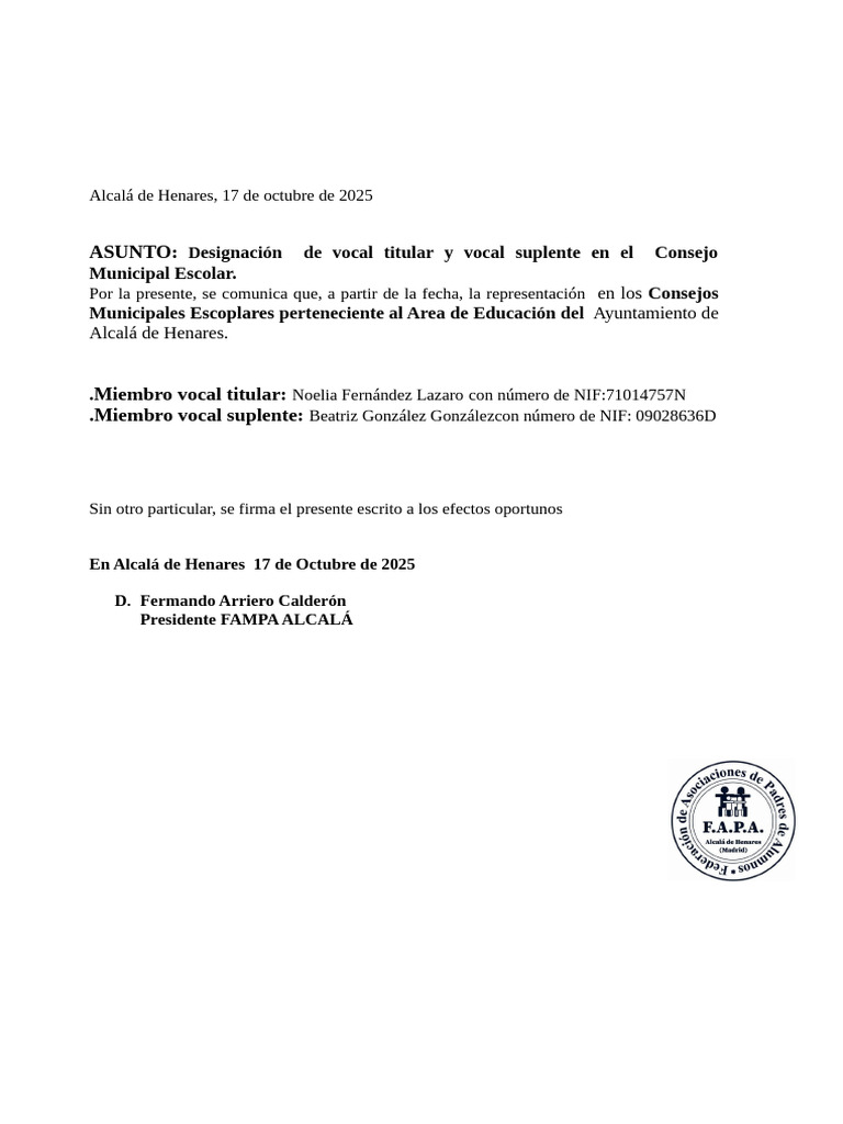 Designacion de Vocal Titular y Vocal Suplente Consejo Escolar | PDF
