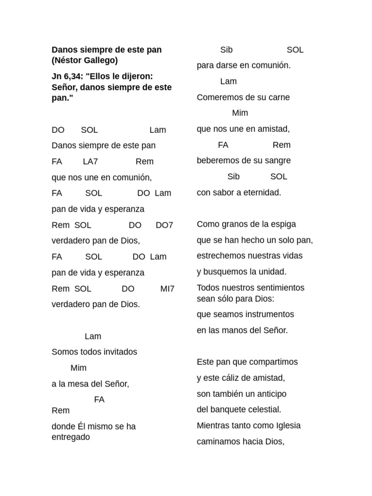 Acordes y letra: Danos siempre de este pan | PDF