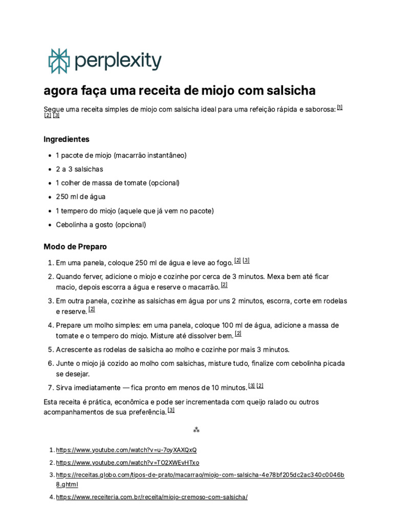 Receita Rápida de Miojo com Salsicha | PDF