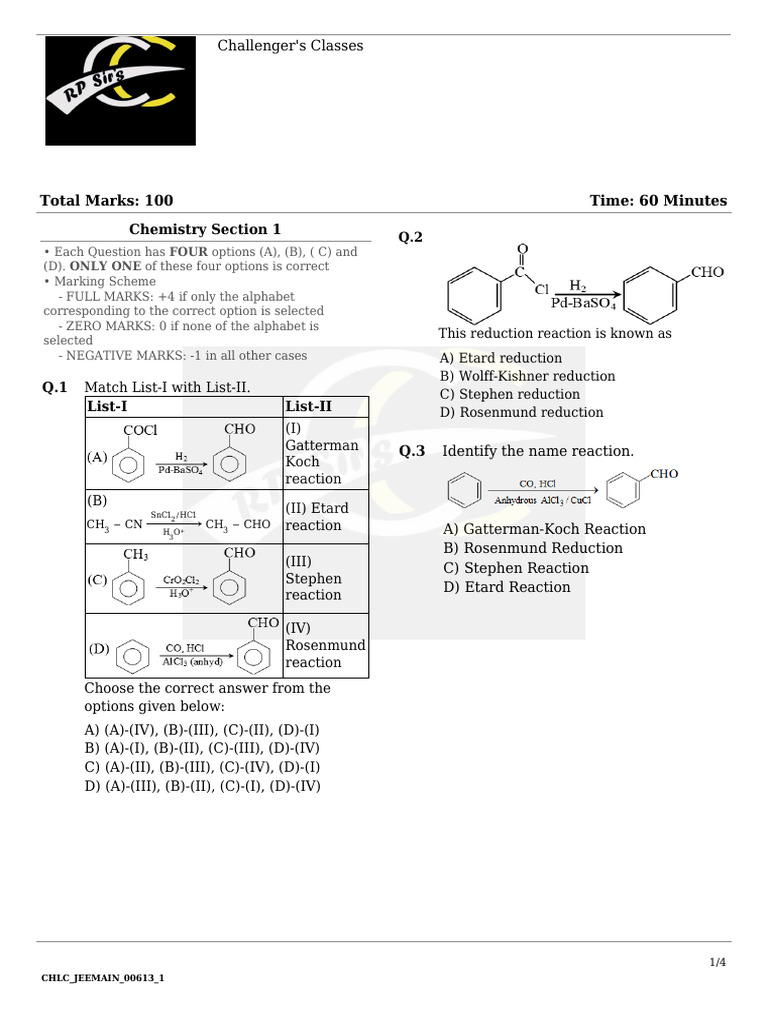 CHLC JEEMAIN 00613 1 Question Paper | PDF | Methyl Group | Ether