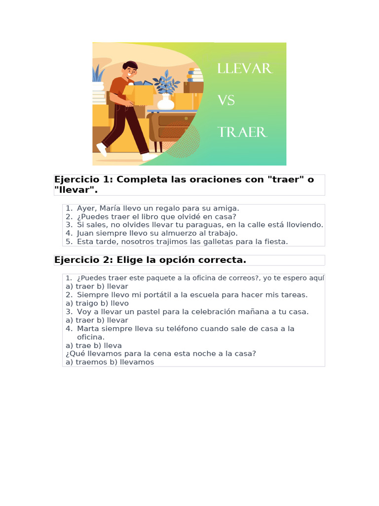 Ejercicios de uso de "traer" y "llevar" | PDF