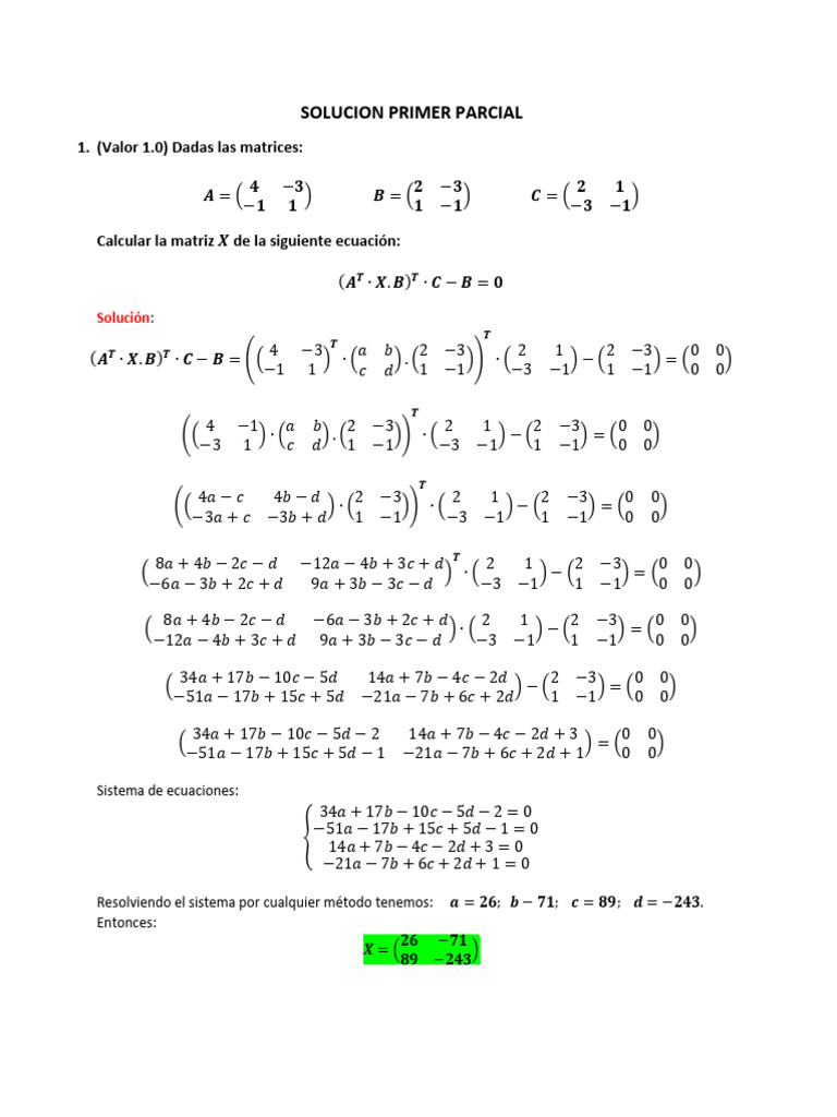 Solucion Primer Parcial | PDF | Matriz (Matemáticas) | Ecuaciones
