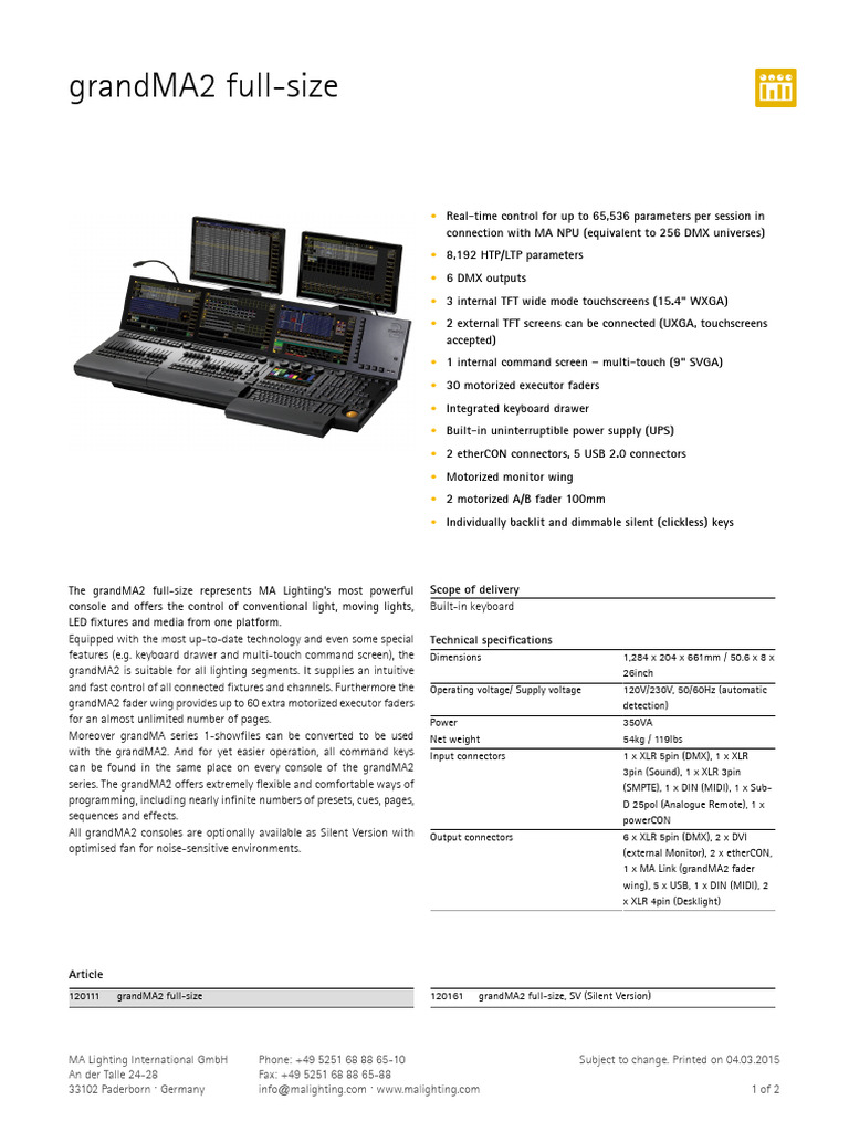 grandMA2 Full-Size Console Specs | PDF | Mains Electricity | Computer ...
