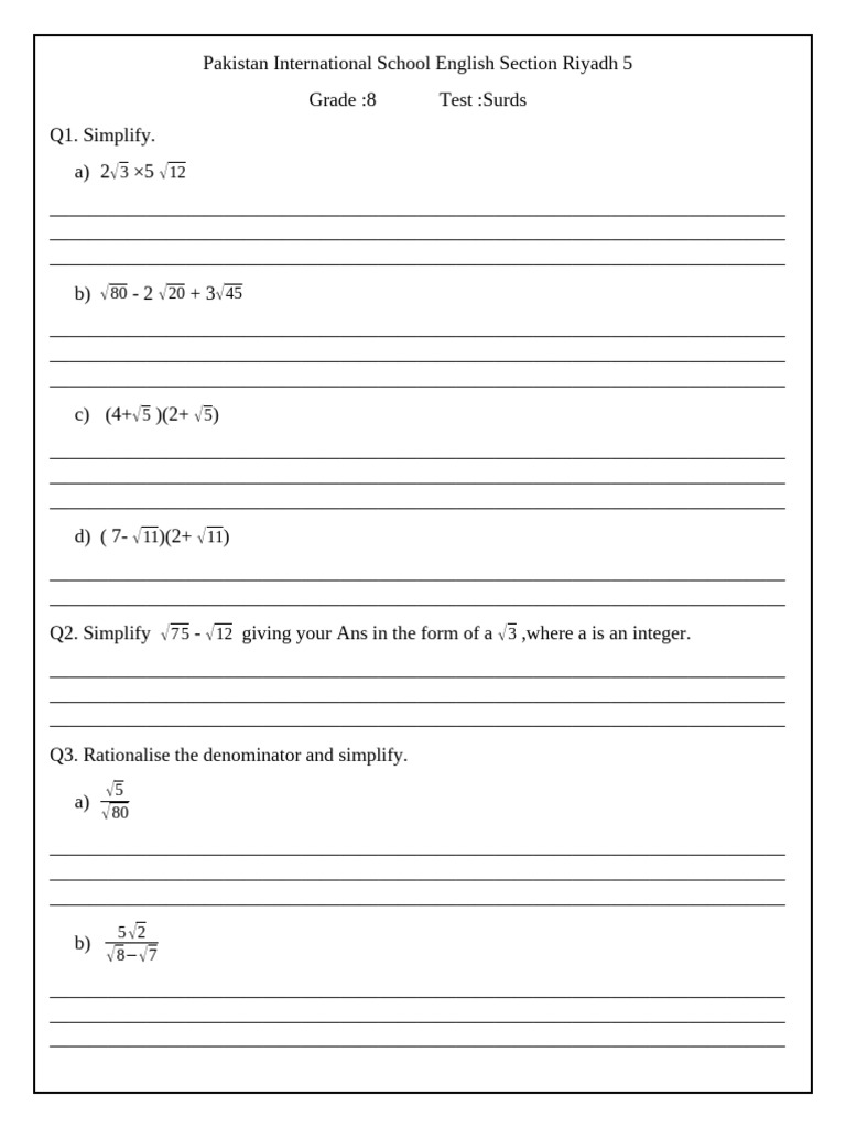 Grade 8 Surds Test | PDF