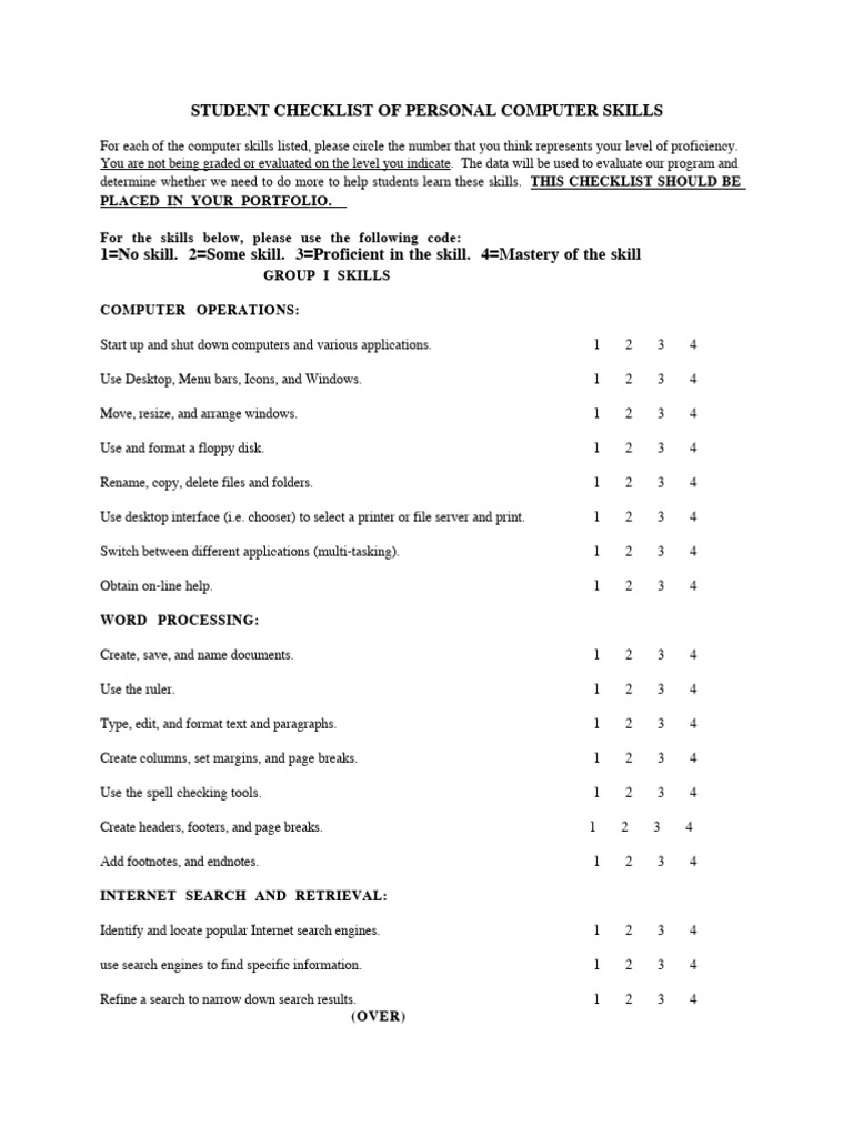 Student Computer Skills Checklist | PDF | Spreadsheet | Page Layout