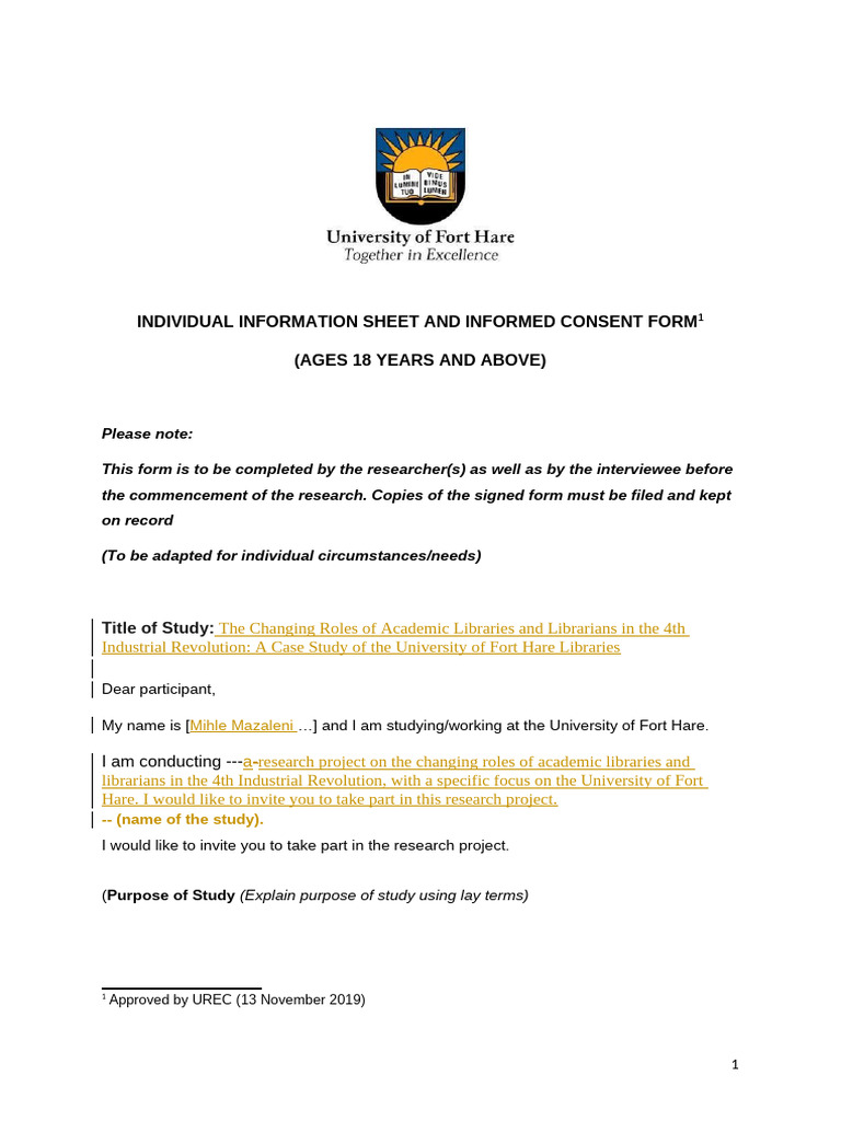 Ifhrec Adult Information Sheet and Informed Consent Form 2 | PDF