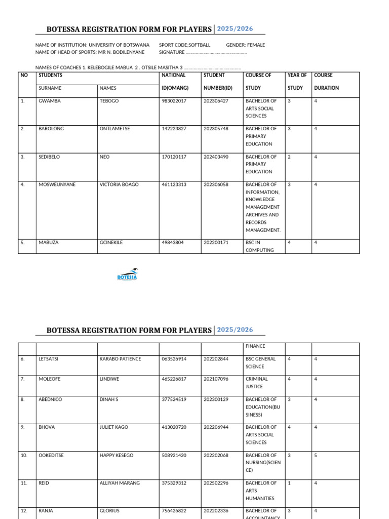 2025/2026 BOTESSA Player Registration Form | PDF | Chess Openings | Chess