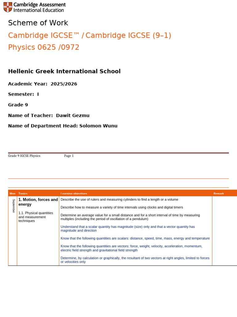 Annual Plan - G9 - Physics - 1st - S-2018AY | PDF | Force | Mass