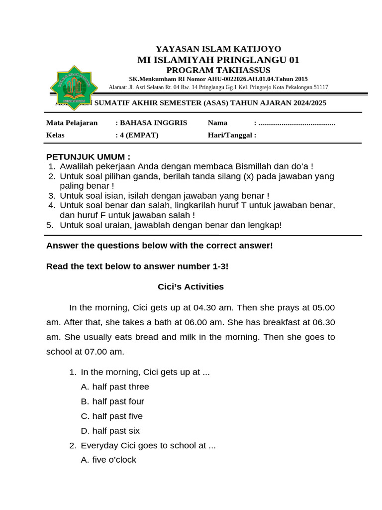 Soal Bahasa Inggris Kelas 4 | PDF | Chess Theory | Chess Openings