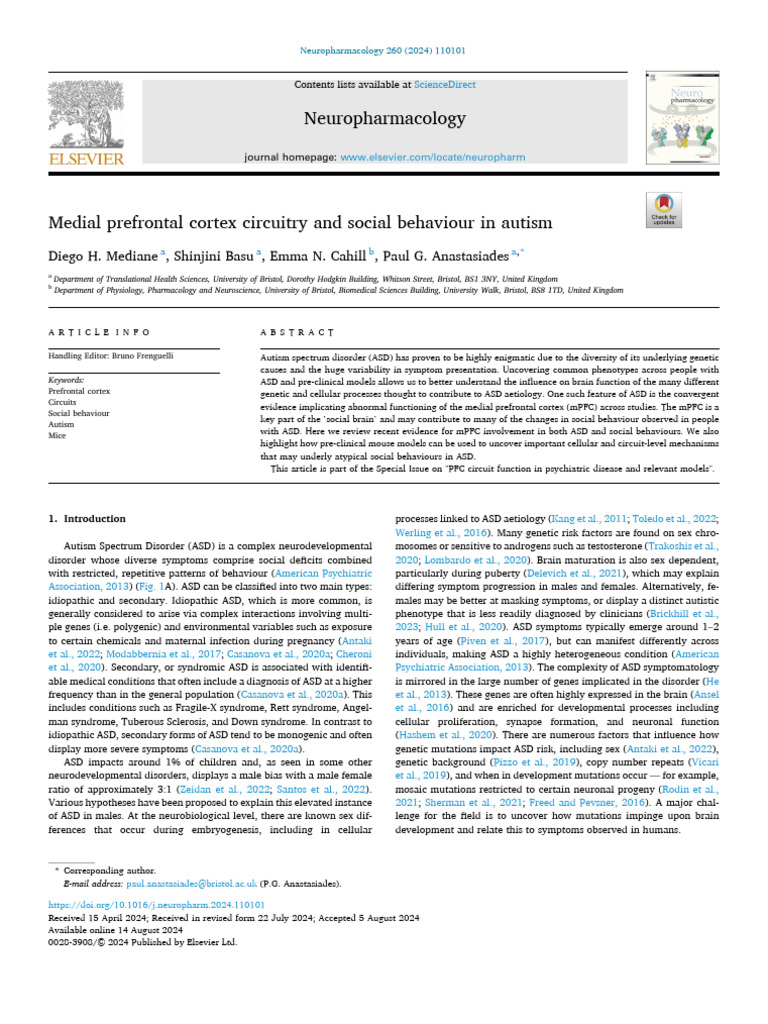 Medial Prefrontal Cortex Circuitry and Social Behaviour in Autism | PDF ...
