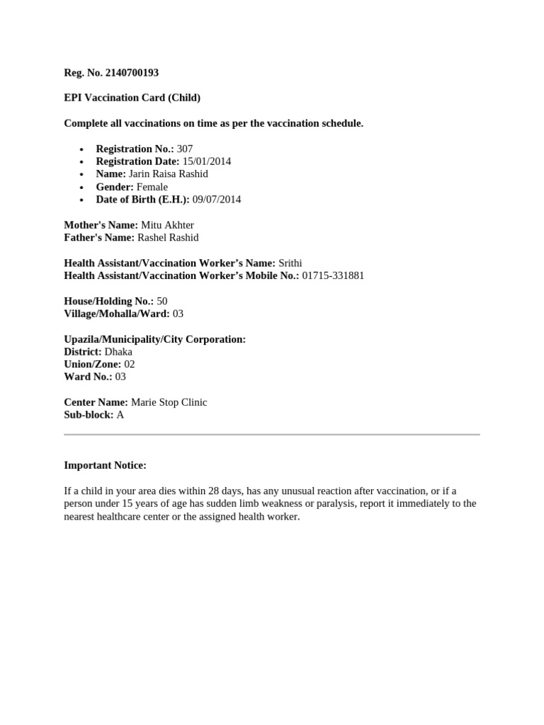 EPI Vaccination Card for Children | PDF | Biotechnology | Children's Health