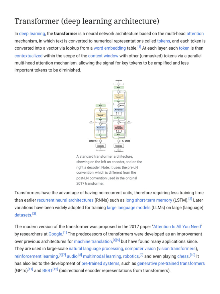 Transformer (Deep Learning Architecture) - Wikipedia | PDF | Computational Neuroscience | Algorithms