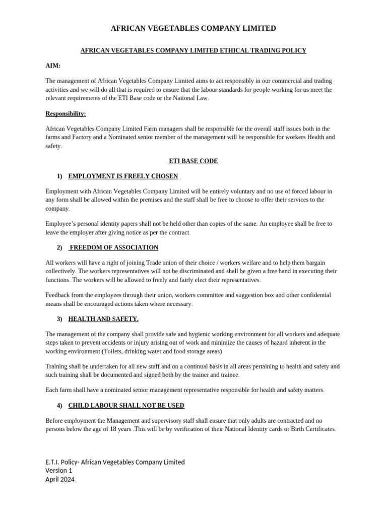 African Vegetables Ethical Trading Policy | PDF | Employment | Overtime