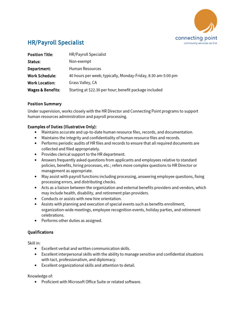 HR Payroll Specialist Job Description | PDF | Human Resources | Payroll