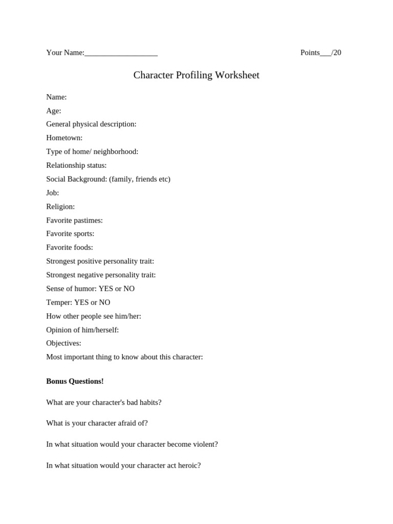 Character Profiling Worksheet Template | PDF