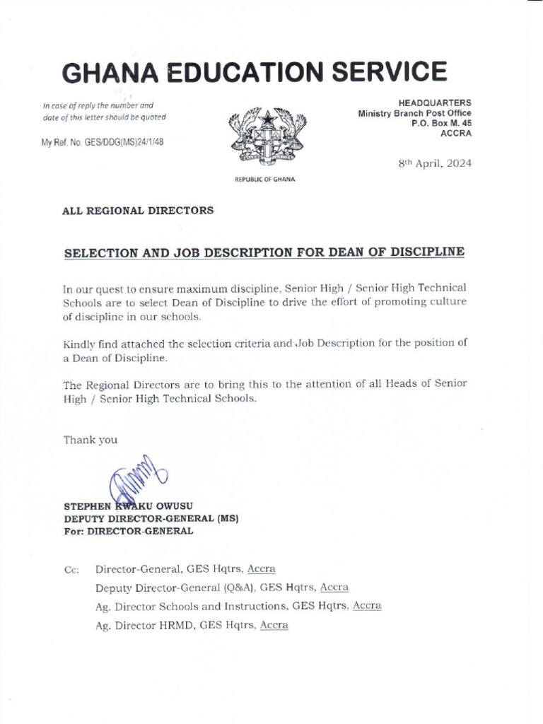 Dean of Students Job Description Ges Handbook | PDF