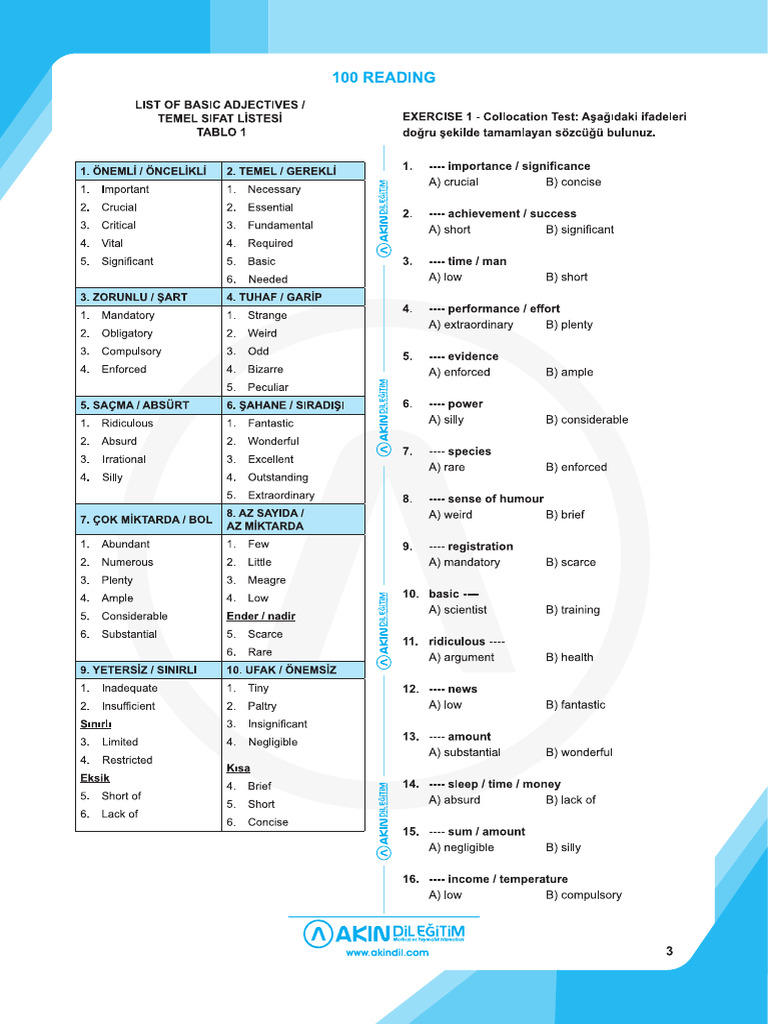 100 Reading Adjective Test 01 | PDF