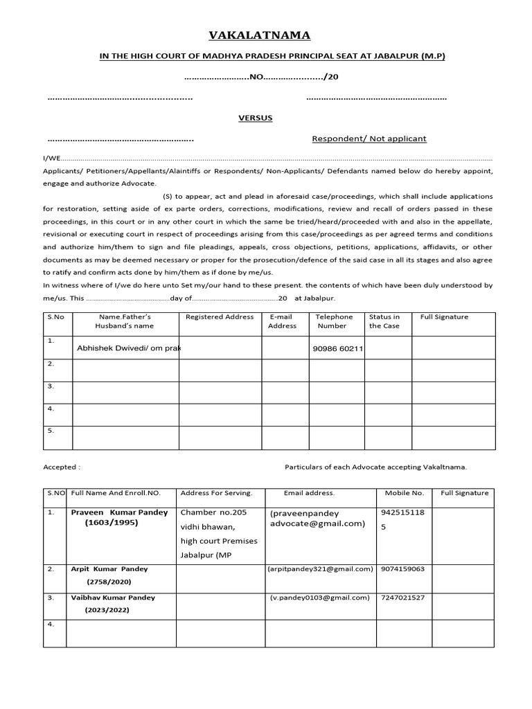 Vakalatnama (P.pandey) | PDF | Legal Procedure | Common Law
