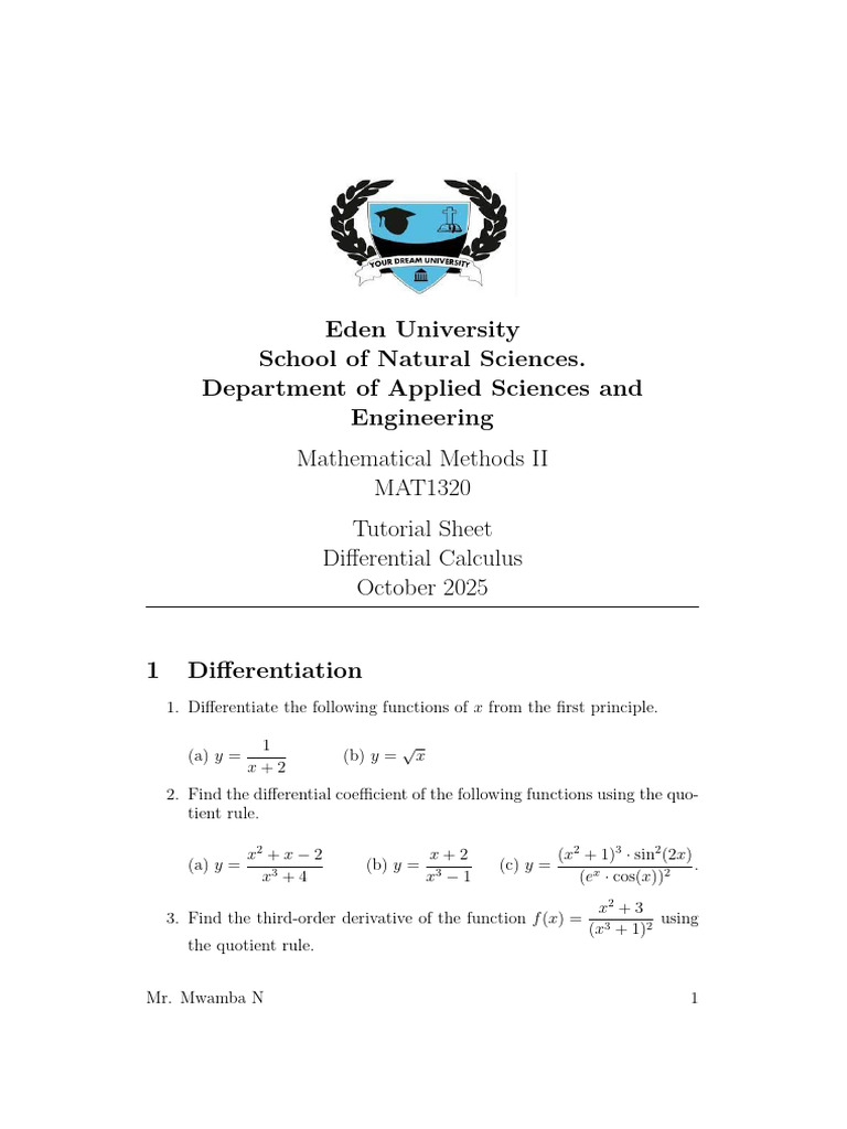 Differential Calculus Tutorial Sheet | PDF | Velocity | Acceleration