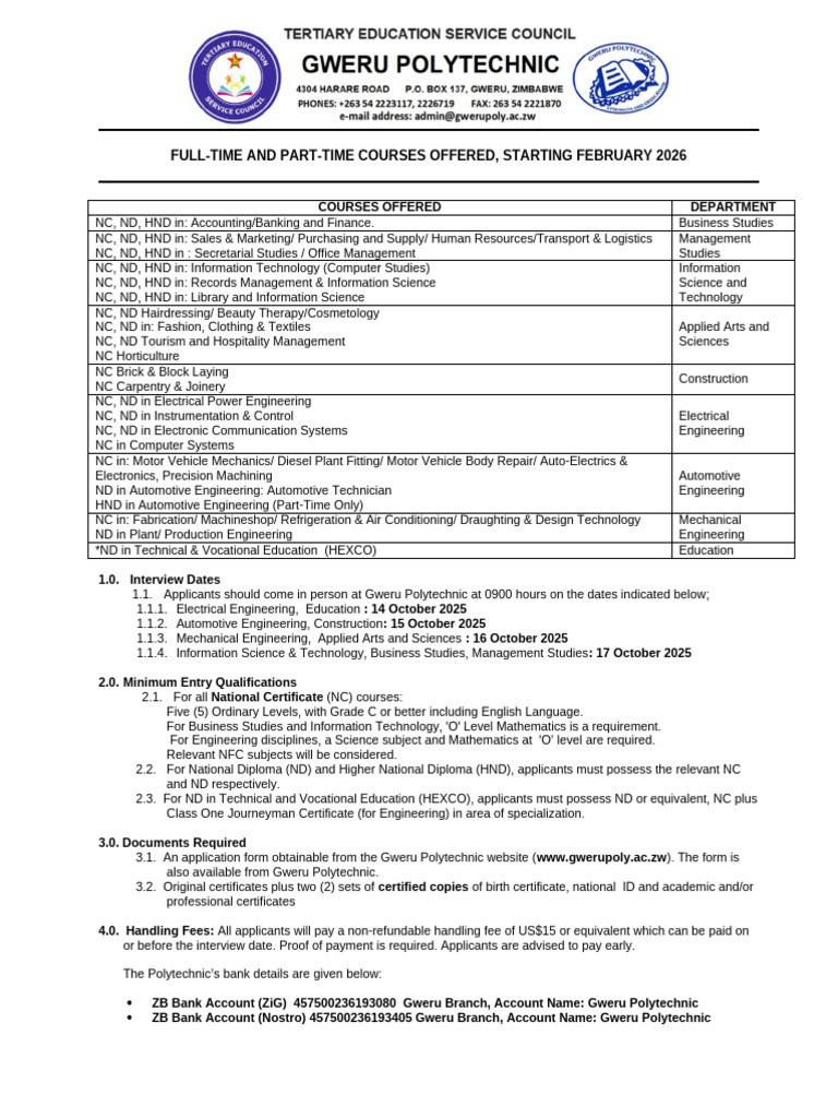 Gweru Polytechnic 2026 Intake Details | PDF | Diploma | Engineering