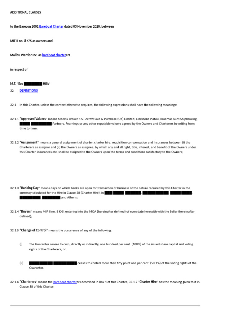 Additional Clauses for Bareboat Charter | PDF | Indemnity | Private Law